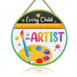 iarttop every child is an artist sign wall art for kids, round paintings hanging door plaque, inspirational quote wooden plaque nursery artist studio art room classroom decor