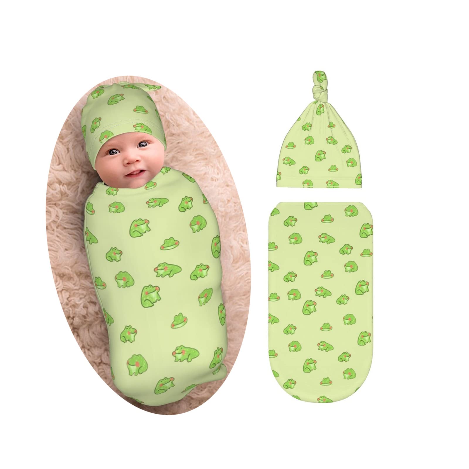 Cute Frogs Baby Stuff Swaddle Blanket and Hat Set Boy Girl, Soft Stretchy Newborns Sleep Sack Receiving Blanket Frog Gifts for Frog Lovers