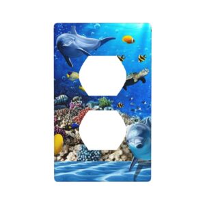 ocean dolphin 1 gang electrical outlet cover single duplex socket plug receptacle wallplate marine life kids boys bedroom nursery aquarium decor decorative blue fish sea ceatures faceplate