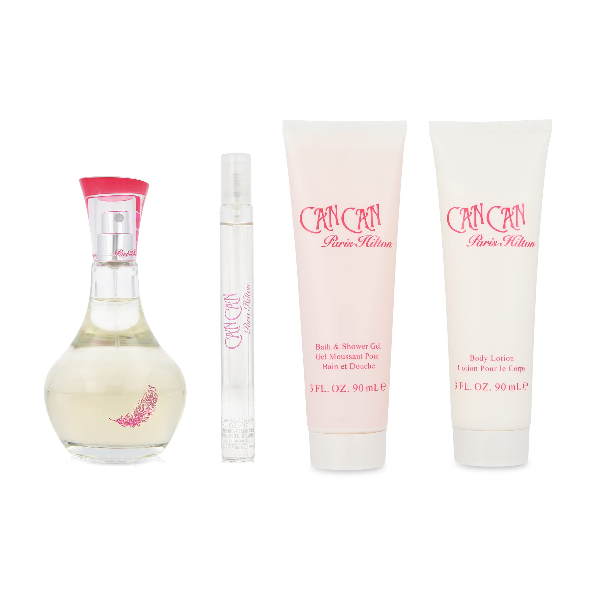 Paris Hilton Can Can By Paris Hilton | 4 Piece Gift Set - 3.4 Oz Eau De Parfum Spray, 0.34 Oz Eau De Parfum Spray, 3.0 Oz Body Lotion, 3.0 Oz Shower Gel | Fragrance For Women