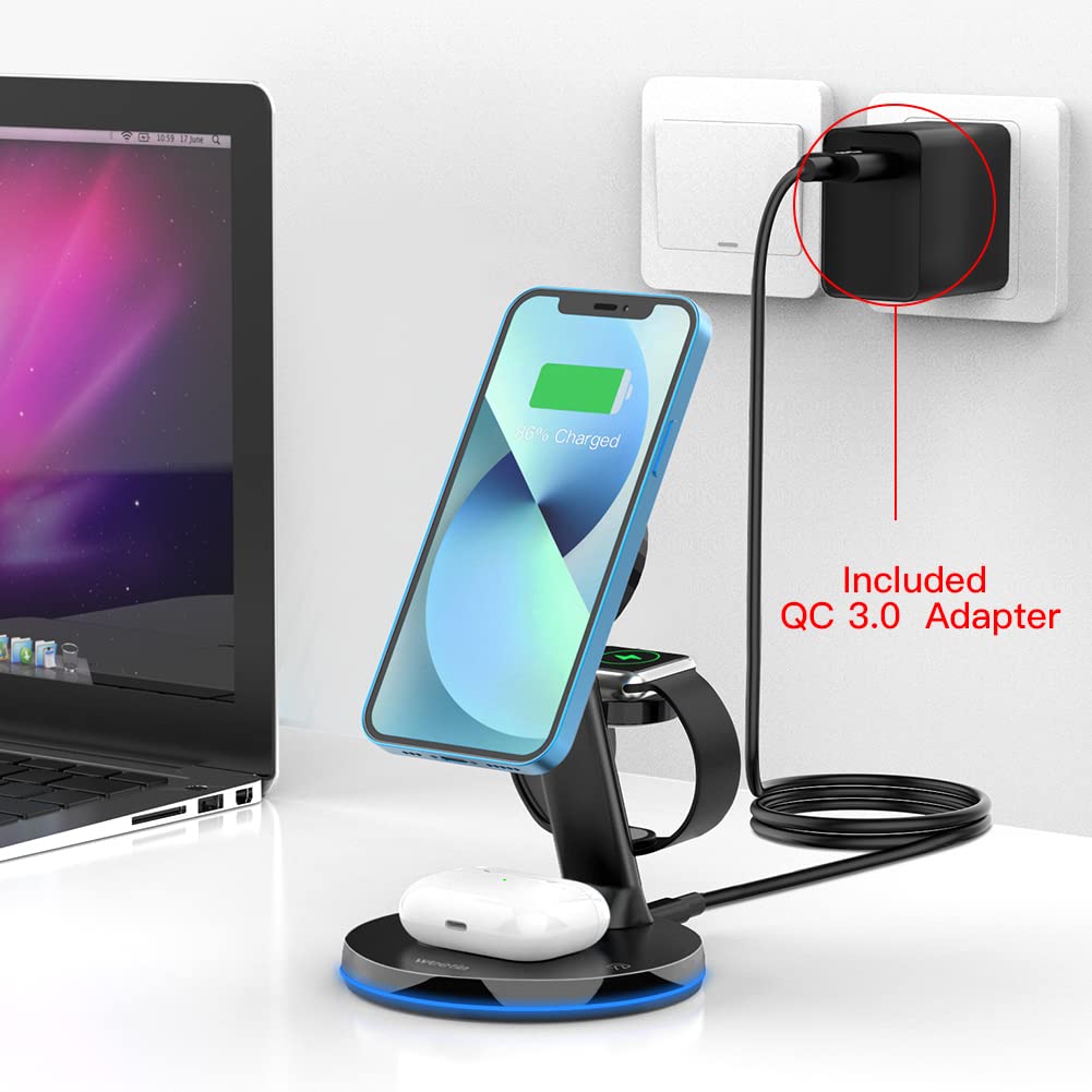 Weetla 3 in 1 Magnetic Wireless Charger Stand,15W Fast Wireless Charger with QC 3.0 Adapter,Wireless Charging Station for iPhone 14,13,12/ProMax/Pro/Mini/Plus, iWatch 8/7/6/SE/5/4/3/2, AirPods Pro/3/2