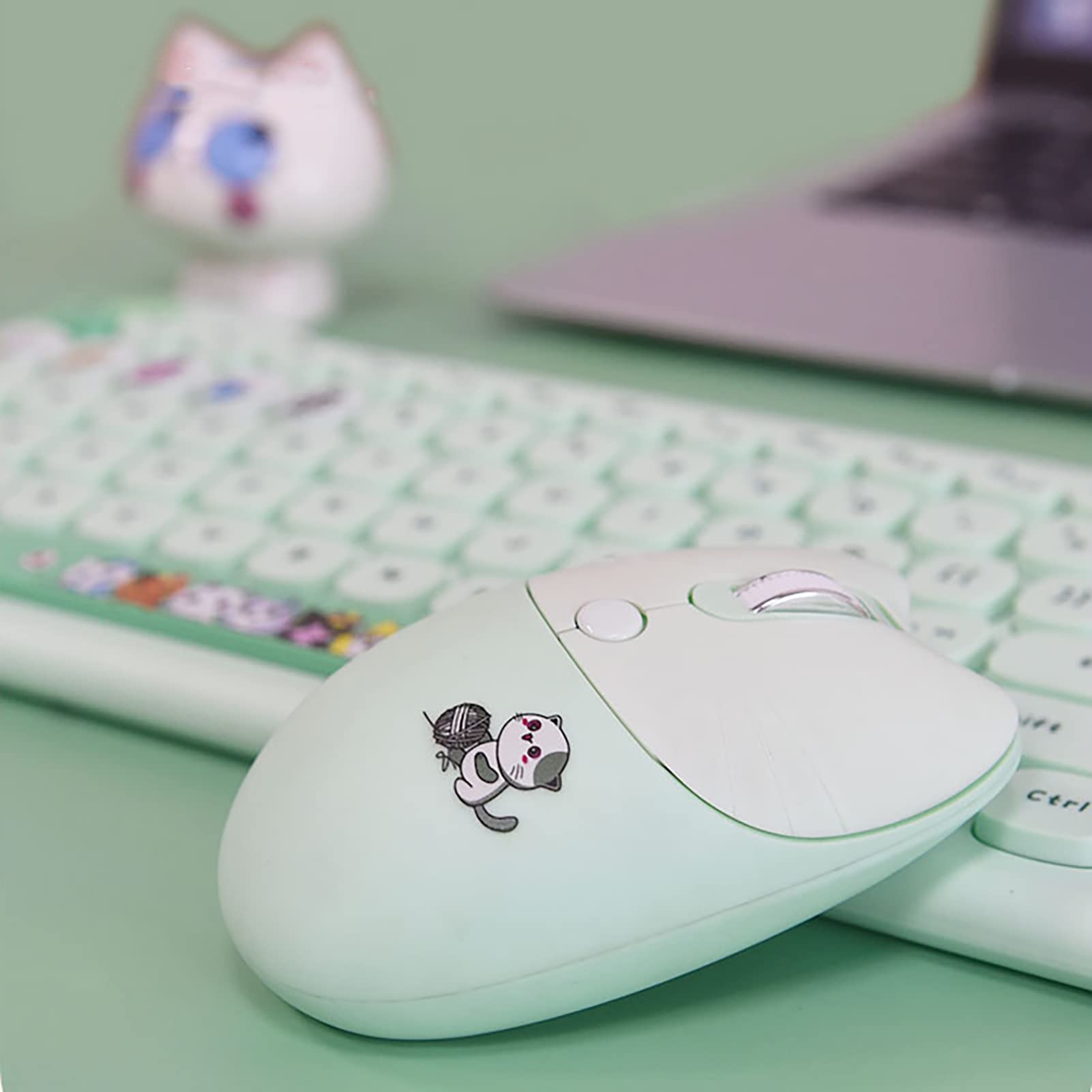 Cute Cat 2.4G USB Wireless Keyboard and Mouse Combo, Silent Keys, Candy Colors, Compatible with Notebook, PC (Pink-84Keys)