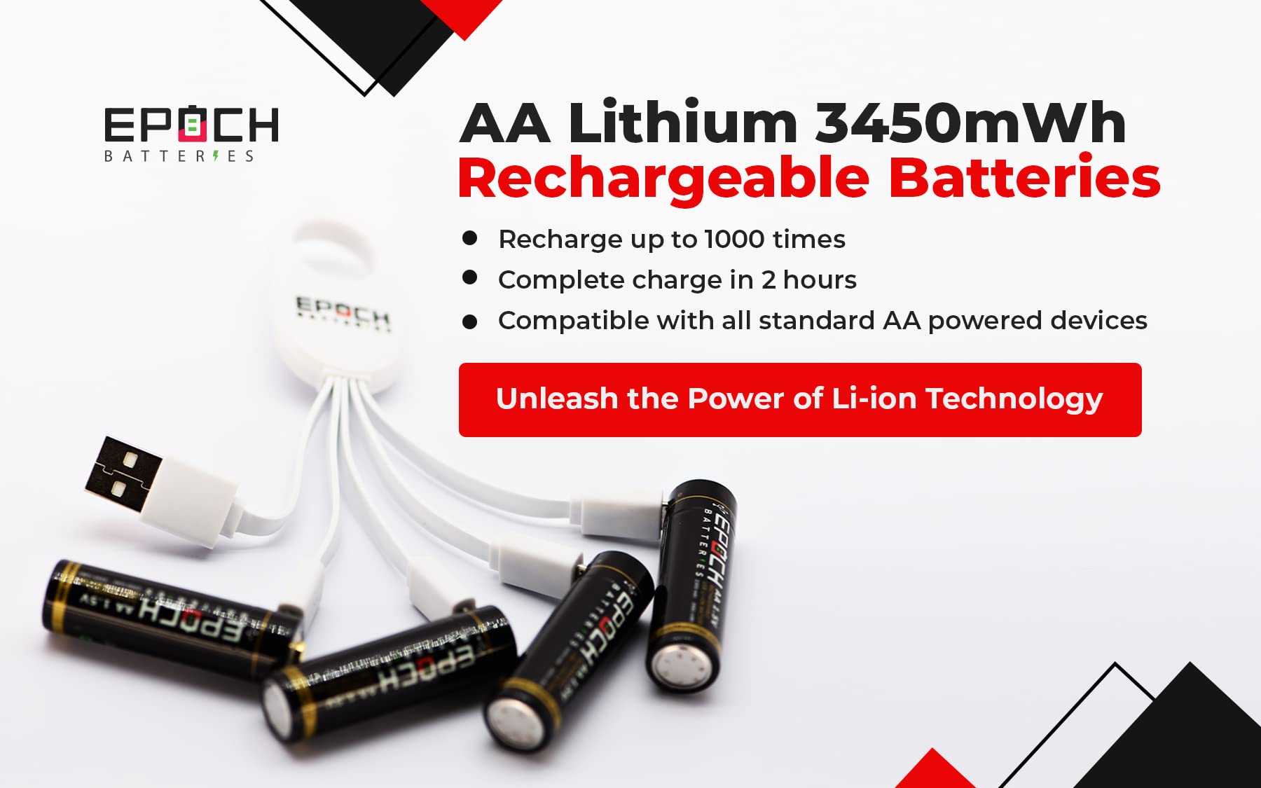 EPOCH AA Battery 1.5V AA Lithium ion Batteries 3450mWh High Capacity with Micro USB Cable, 2 Hours Quick Charge USB AA Rechargeable Batteries 4 Packs