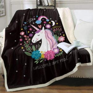 sleepwish cute plush unicorn soft blanket girls cartoon unicorn with flowers fleece blanket black sherpa blanket unicorn gifts for kids adults women,baby(30"x40")