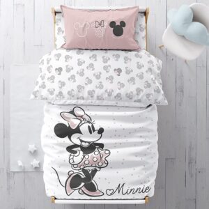 Pink Minnie Bedding Set 100% Cotton Toddler Crib Bed 3 Pcs (Fitted Sheet, Pillowcase, and Duvet Cover)