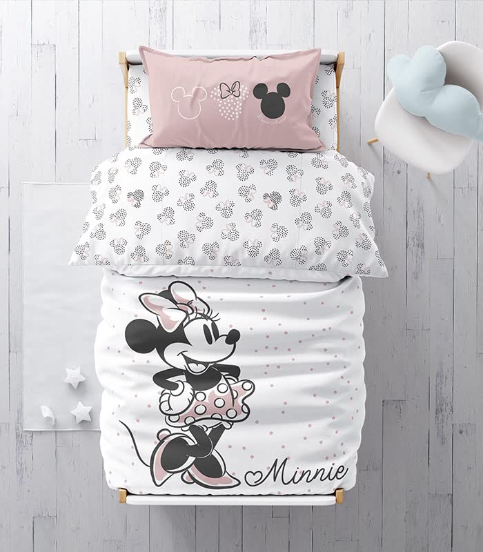 Pink Minnie Bedding Set 100% Cotton Toddler Crib Bed 3 Pcs (Fitted Sheet, Pillowcase, and Duvet Cover)