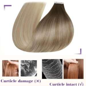 LaaVoo Tape in Hair Extensions Balayage Brown to Ash Blonde with Platinum Blonde Hair Extensions Tape in Human Hair Blonde Ombre Tape in Hair Extensions Human Hair for Women Seamless 12inch 30g 20pcs