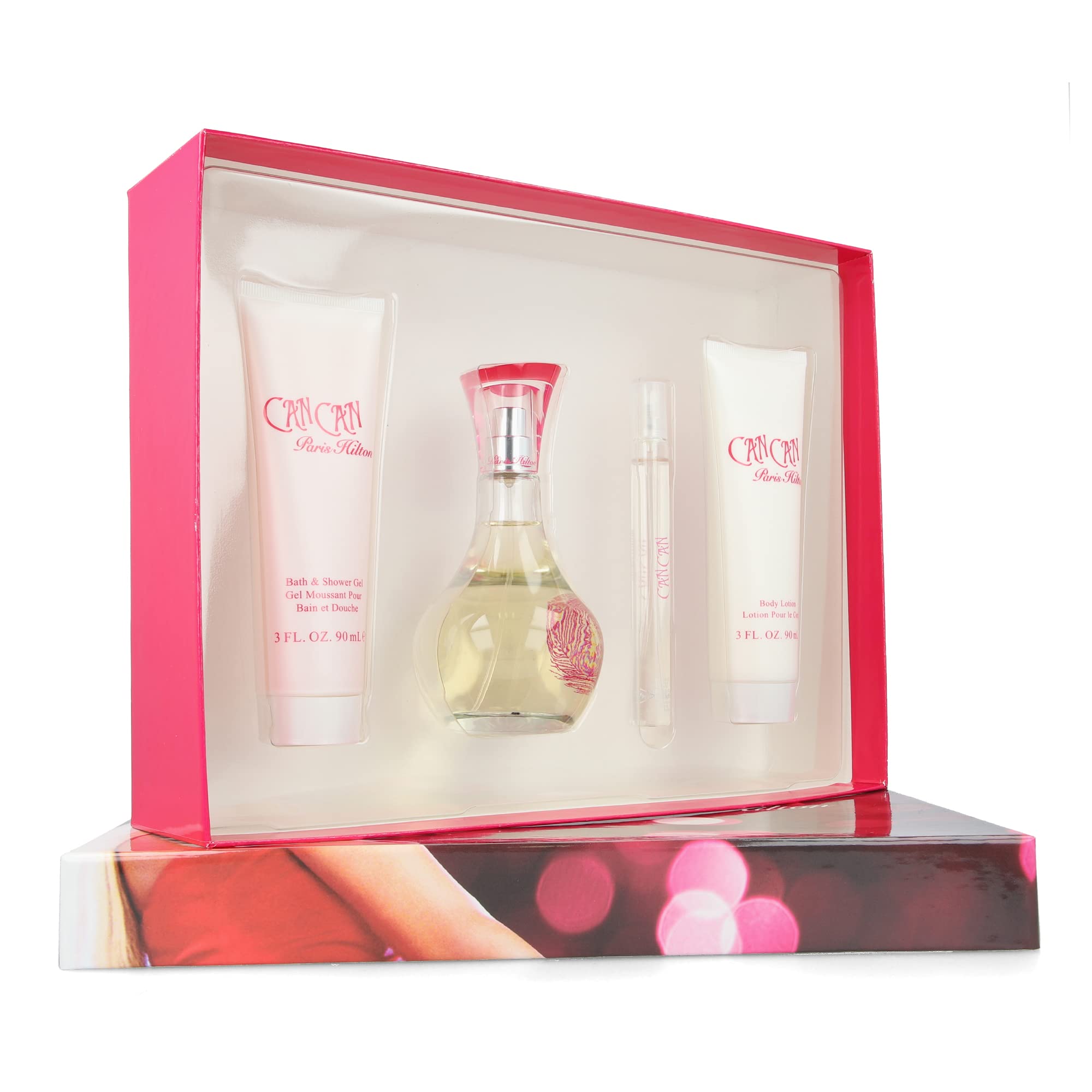 Paris Hilton Can Can By Paris Hilton | 4 Piece Gift Set - 3.4 Oz Eau De Parfum Spray, 0.34 Oz Eau De Parfum Spray, 3.0 Oz Body Lotion, 3.0 Oz Shower Gel | Fragrance For Women