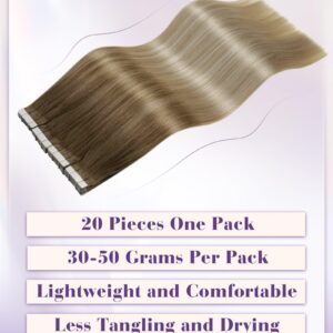 LaaVoo Tape in Hair Extensions Balayage Brown to Ash Blonde with Platinum Blonde Hair Extensions Tape in Human Hair Blonde Ombre Tape in Hair Extensions Human Hair for Women Seamless 12inch 30g 20pcs