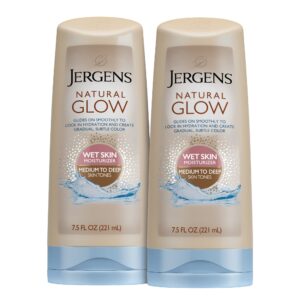 jergens natural glow in-shower lotion, self tanner for medium to deep skin tone, wet skin lotion, sunless tanner locks in hydration for gradual, flawless color, 7.5 ounce (pack of 2)