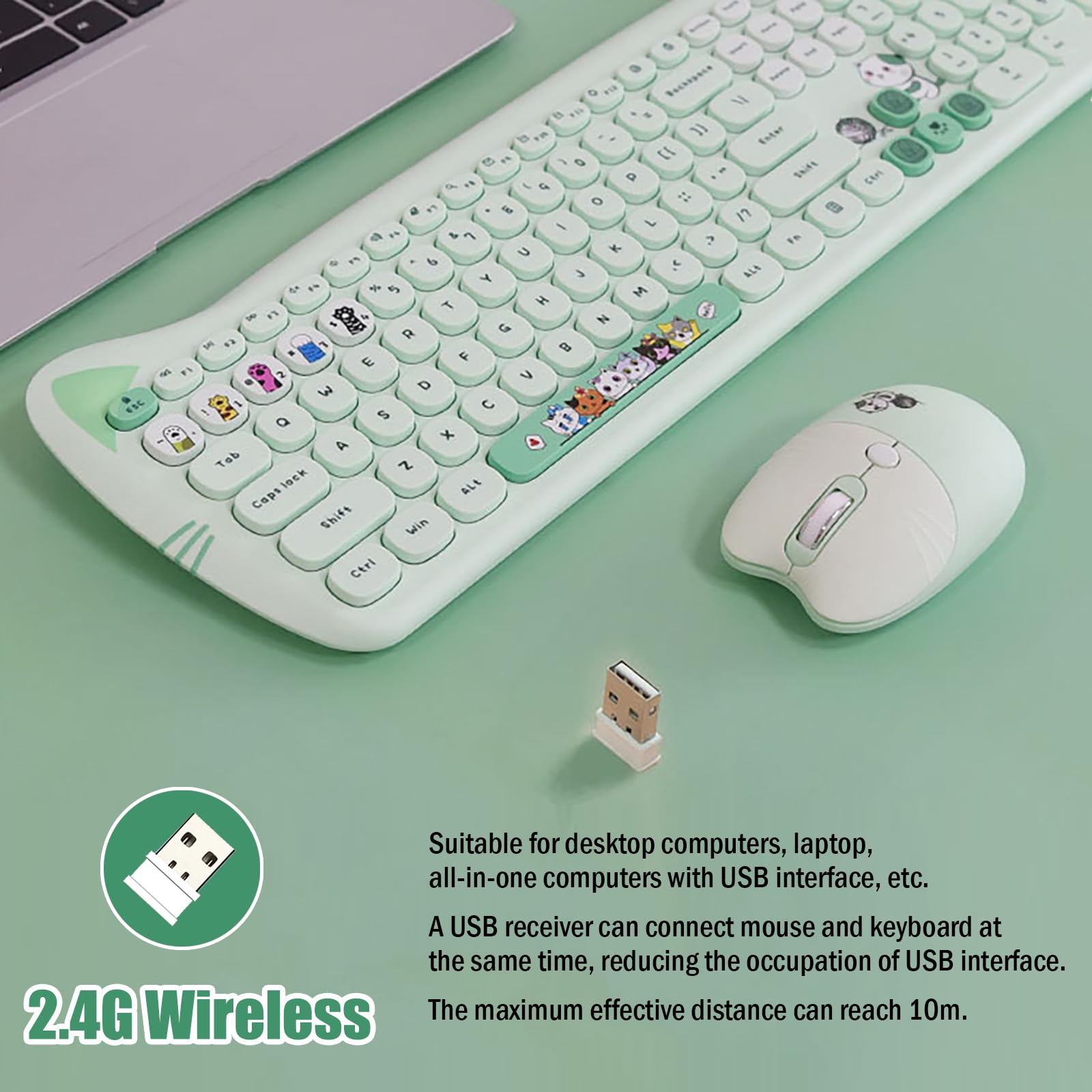 Cute Cat 2.4G USB Wireless Keyboard and Mouse Combo, Silent Keys, Candy Colors, Compatible with Notebook, PC (Pink-84Keys)