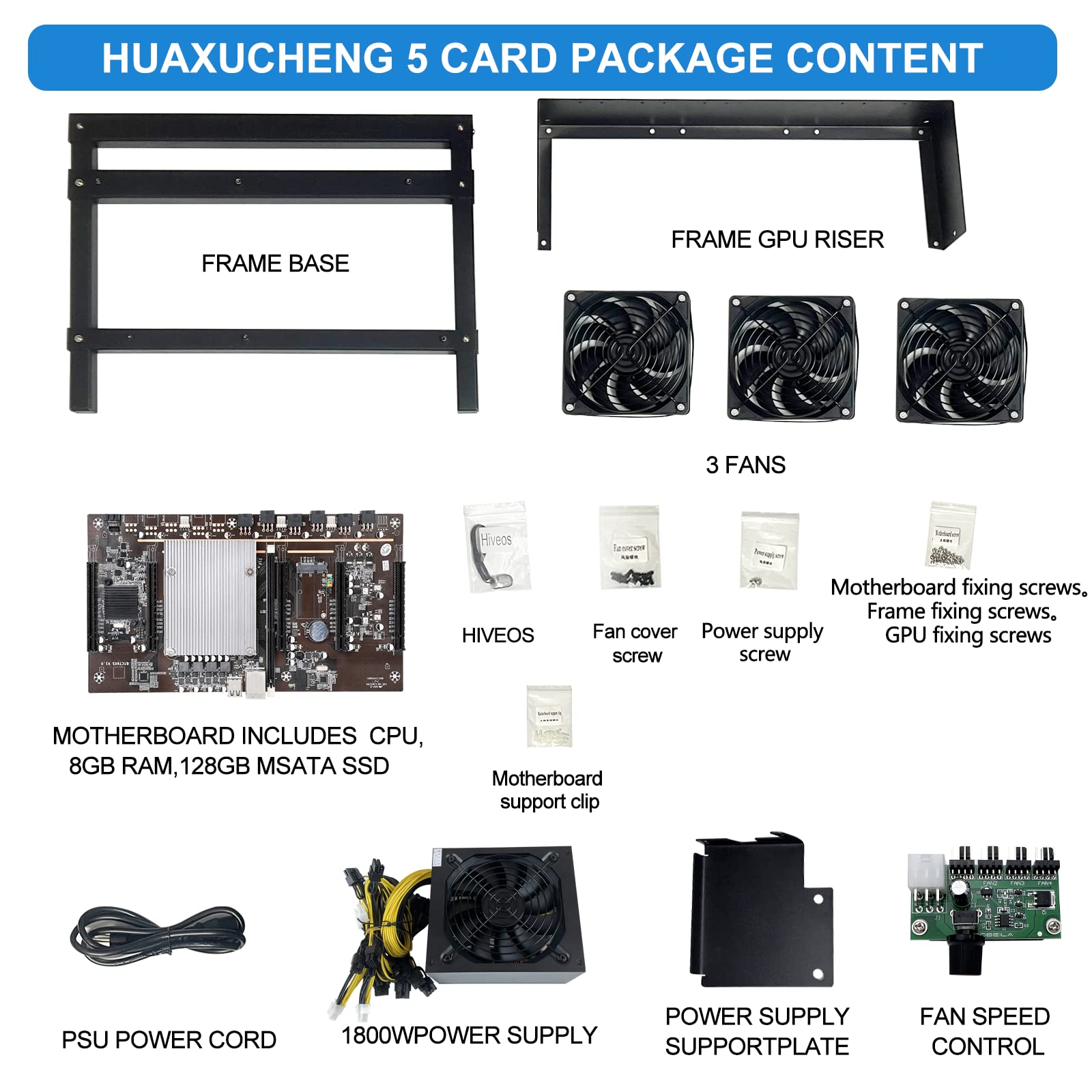 HUAXUCHENG X79-5 Card Mining rig Motherboard, 5 PCI-E 3.0 Graphics Slot with 8GB ddr3 256GB MSATA, Support 3060 GPU Mining Rig (Mining rig(8GB RAM))