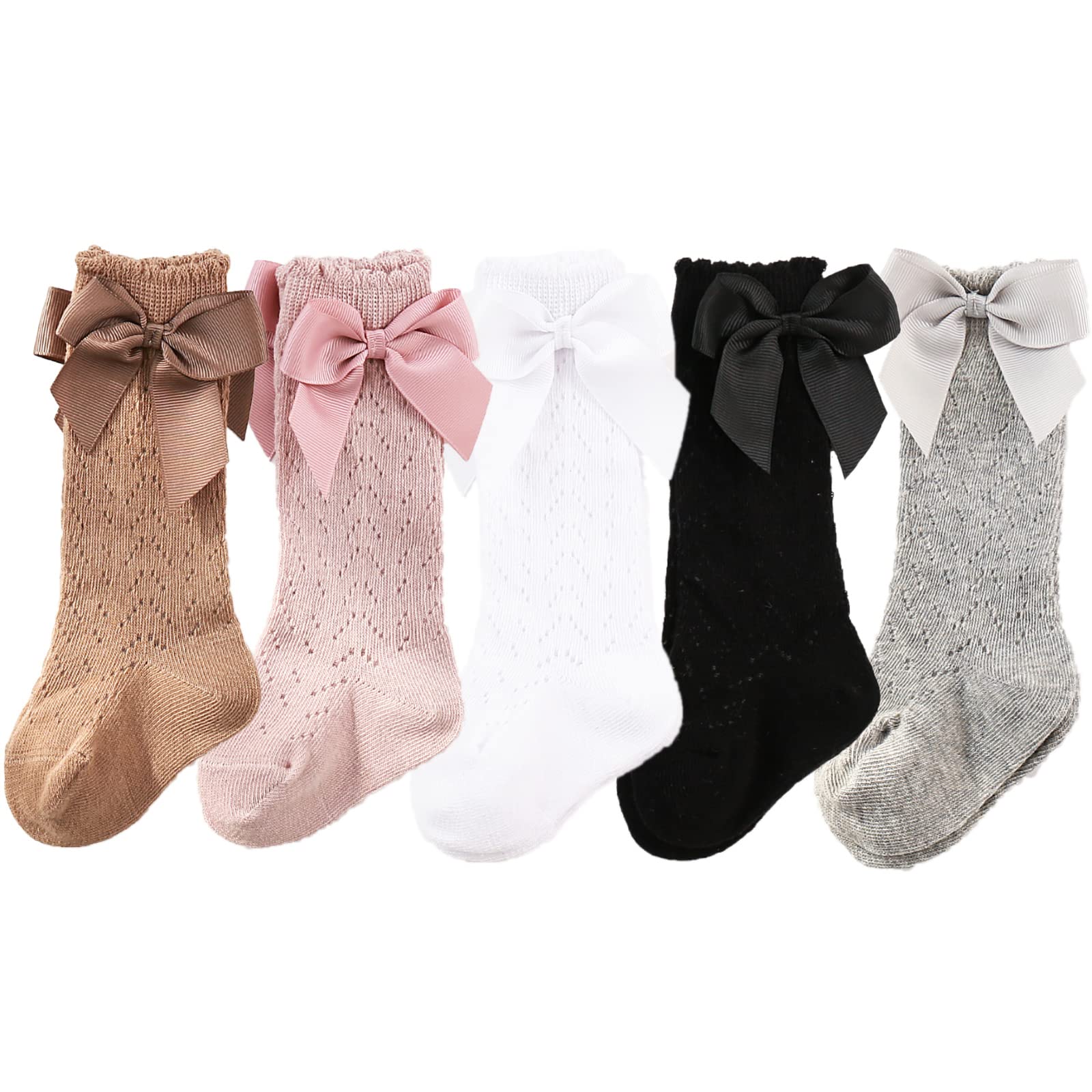 Colorful Childhood Baby Girls Knee High Socks Toddlers Tube Ruffled Bow Stockings Infant Newborn Cotton Princess Frilly Socks (5-Pack Brown Sets, 0-12 Months)