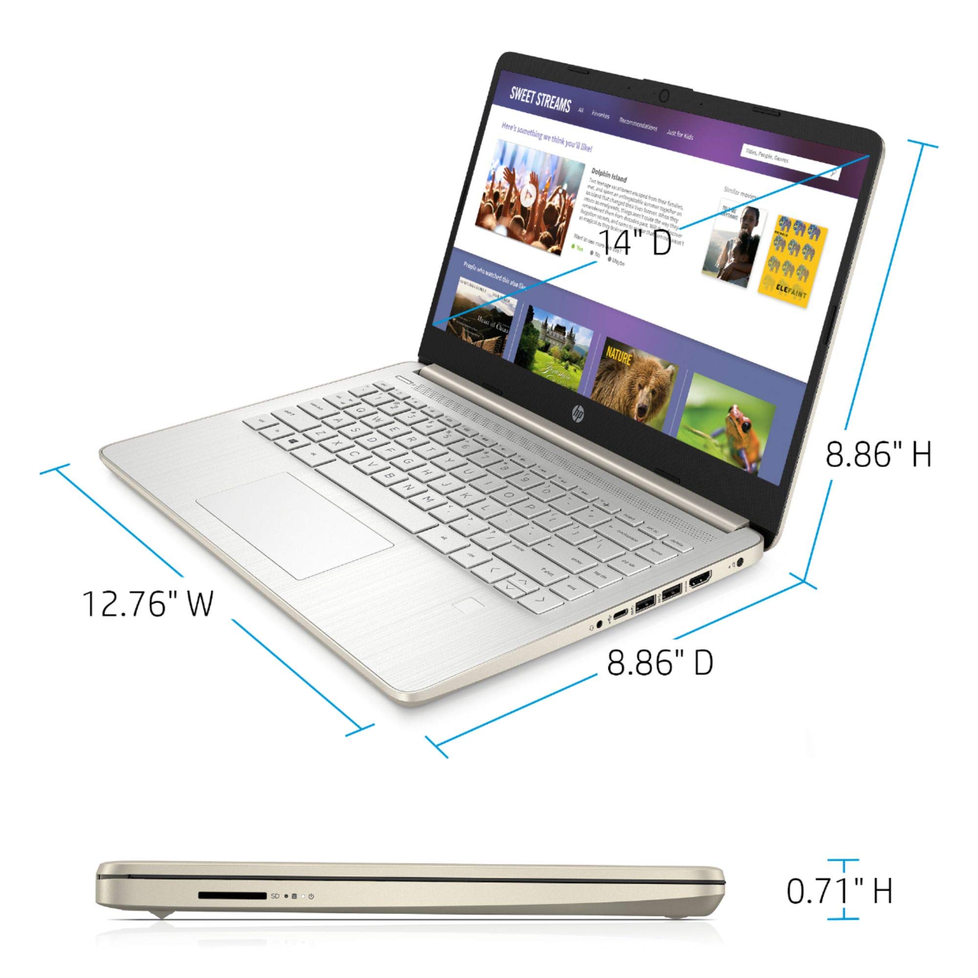 HP Newest 14 Inch Laptop, Intel Celeron Core N4020 up to 2.8GHz, Microsoft 365 Office, 4GB DDR4 RAM, 64GB SSD, Webcam, WiFi, Bluetooth, Pale Gold, Windows 10 S, T.F. Card