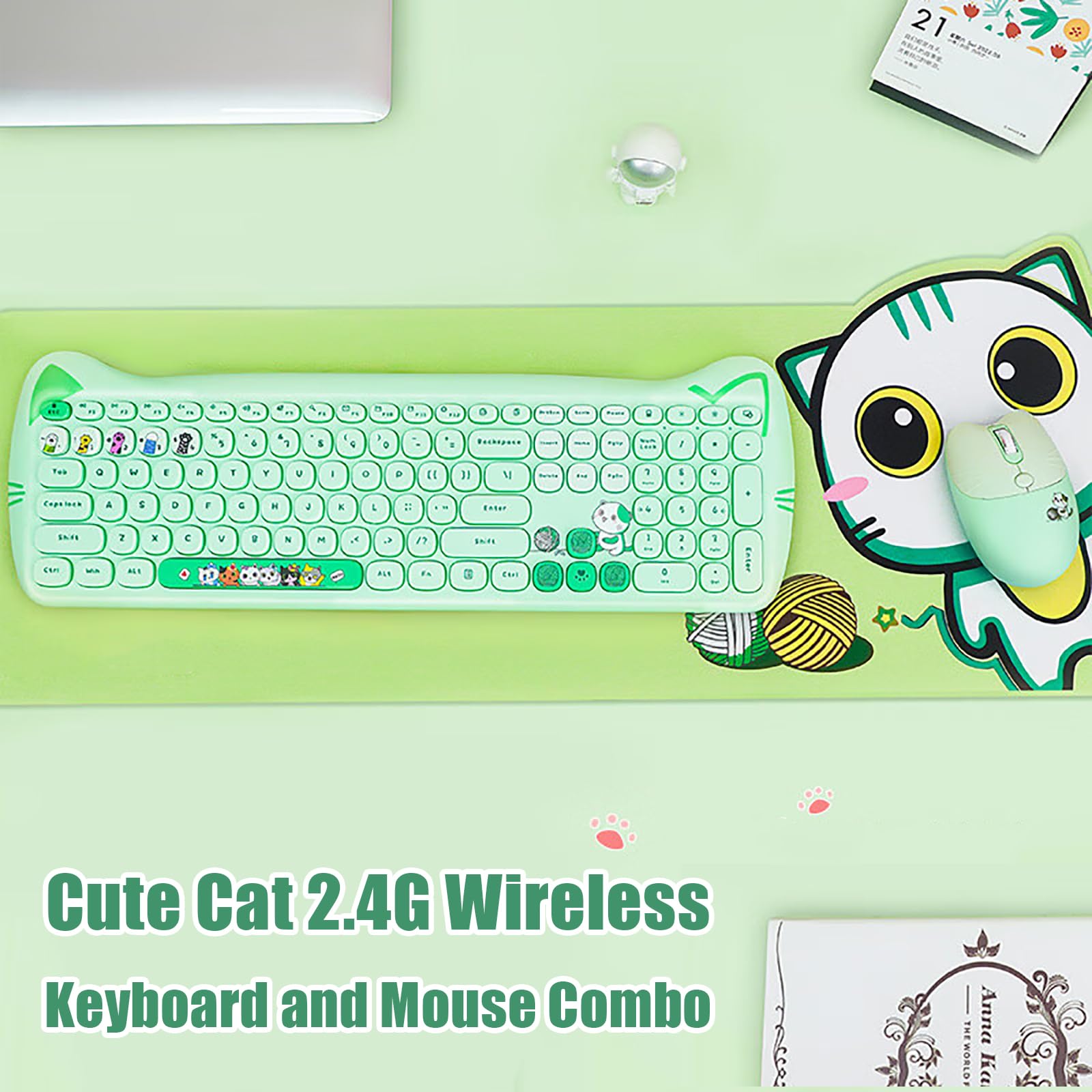 Cute Cat 2.4G USB Wireless Keyboard and Mouse Combo, Silent Keys, Candy Colors, Compatible with Notebook, PC (Pink-84Keys)