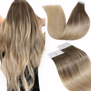 laavoo tape in hair extensions balayage brown to ash blonde with platinum blonde hair extensions tape in human hair blonde ombre tape in hair extensions human hair for women seamless 12inch 30g 20pcs