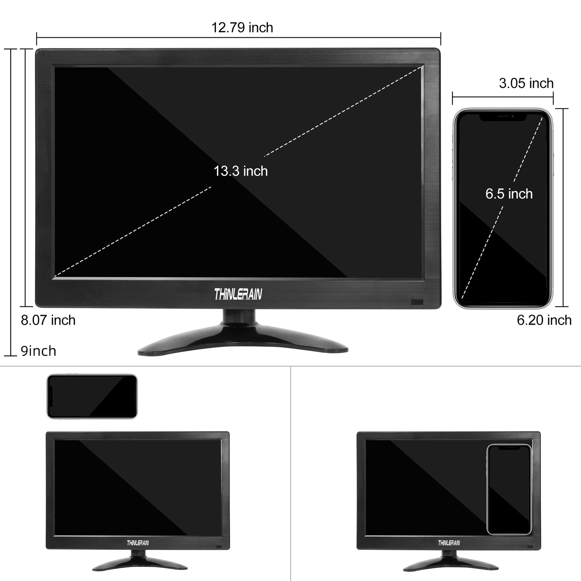 Thinlerain Small 13.3 inch Monitor HDMI Monitor 1366x768 LED Display Support HDMI VGA AV BNC USB Intput for PC Laptop Computer Home Kitchen Monitor, Built-in Speaker