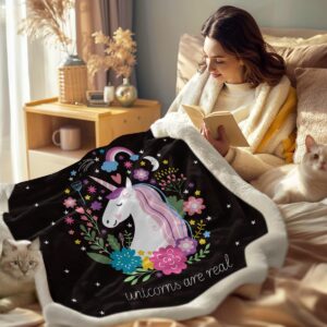 Sleepwish Cute Plush Unicorn Soft Blanket Girls Cartoon Unicorn with Flowers Fleece Blanket Black Sherpa Blanket Unicorn Gifts for Kids Adults Women,Baby(30"x40")