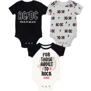 ac/dc rock band baby boys 3 pack short sleeve bodysuits black / grey / white 6-9 months