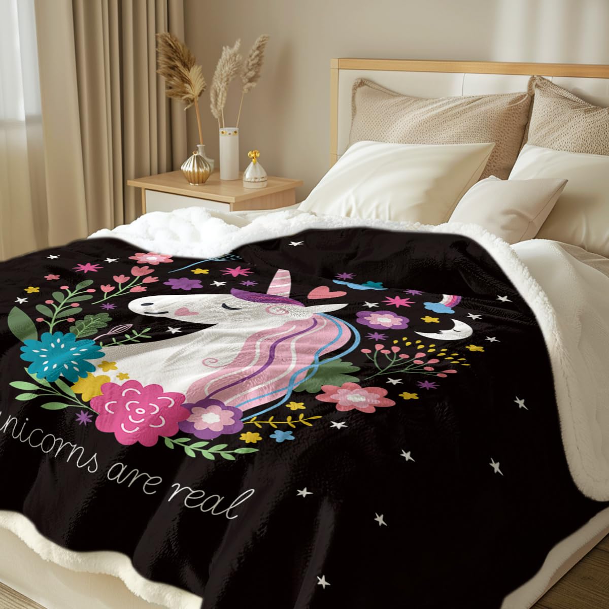 Sleepwish Cute Plush Unicorn Soft Blanket Girls Cartoon Unicorn with Flowers Fleece Blanket Black Sherpa Blanket Unicorn Gifts for Kids Adults Women,Baby(30"x40")