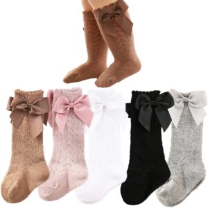 colorful childhood baby girls knee high socks toddlers tube ruffled bow stockings infant newborn cotton princess frilly socks (5-pack brown sets, 0-12 months)