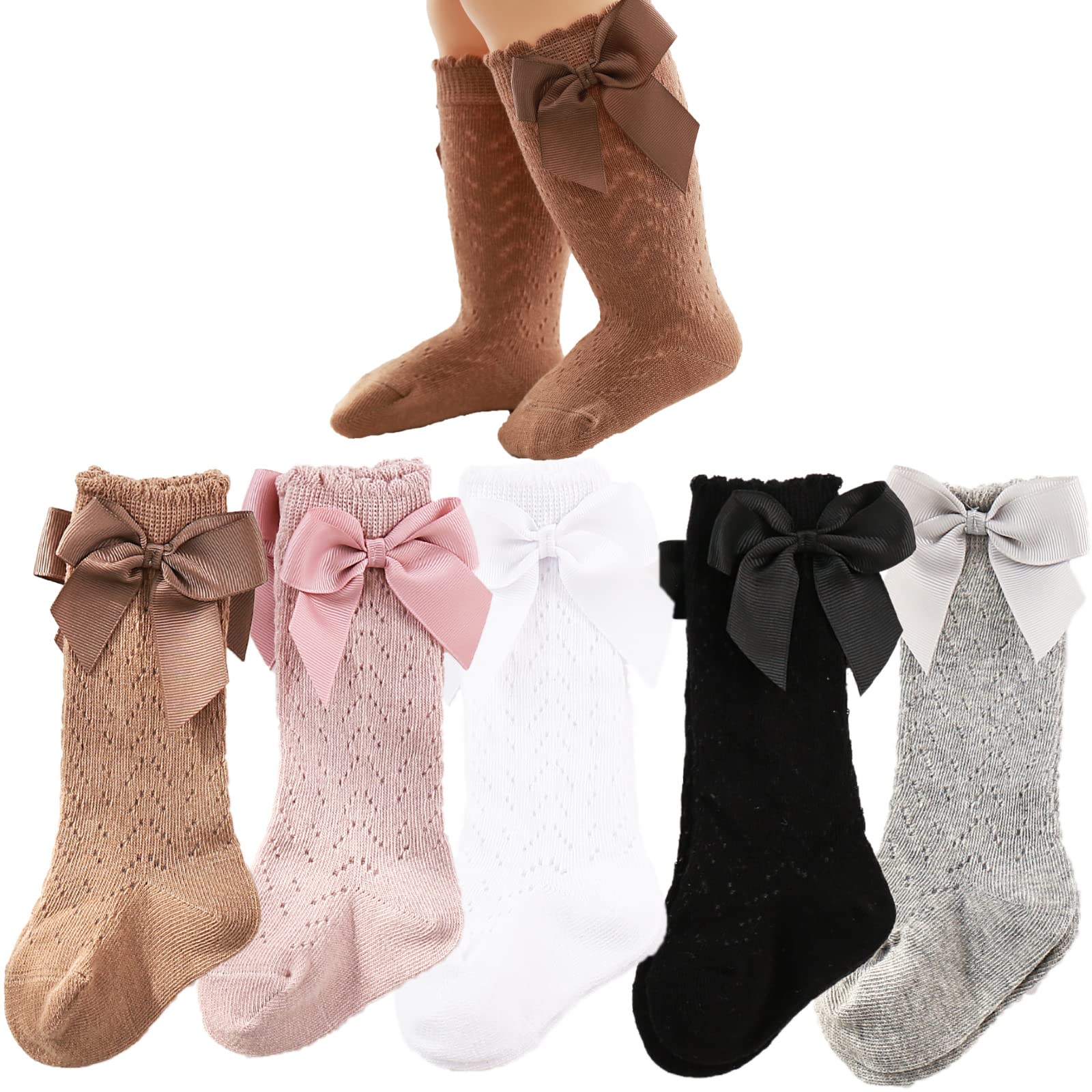 Colorful Childhood Baby Girls Knee High Socks Toddlers Tube Ruffled Bow Stockings Infant Newborn Cotton Princess Frilly Socks (5-Pack Brown Sets, 0-12 Months)