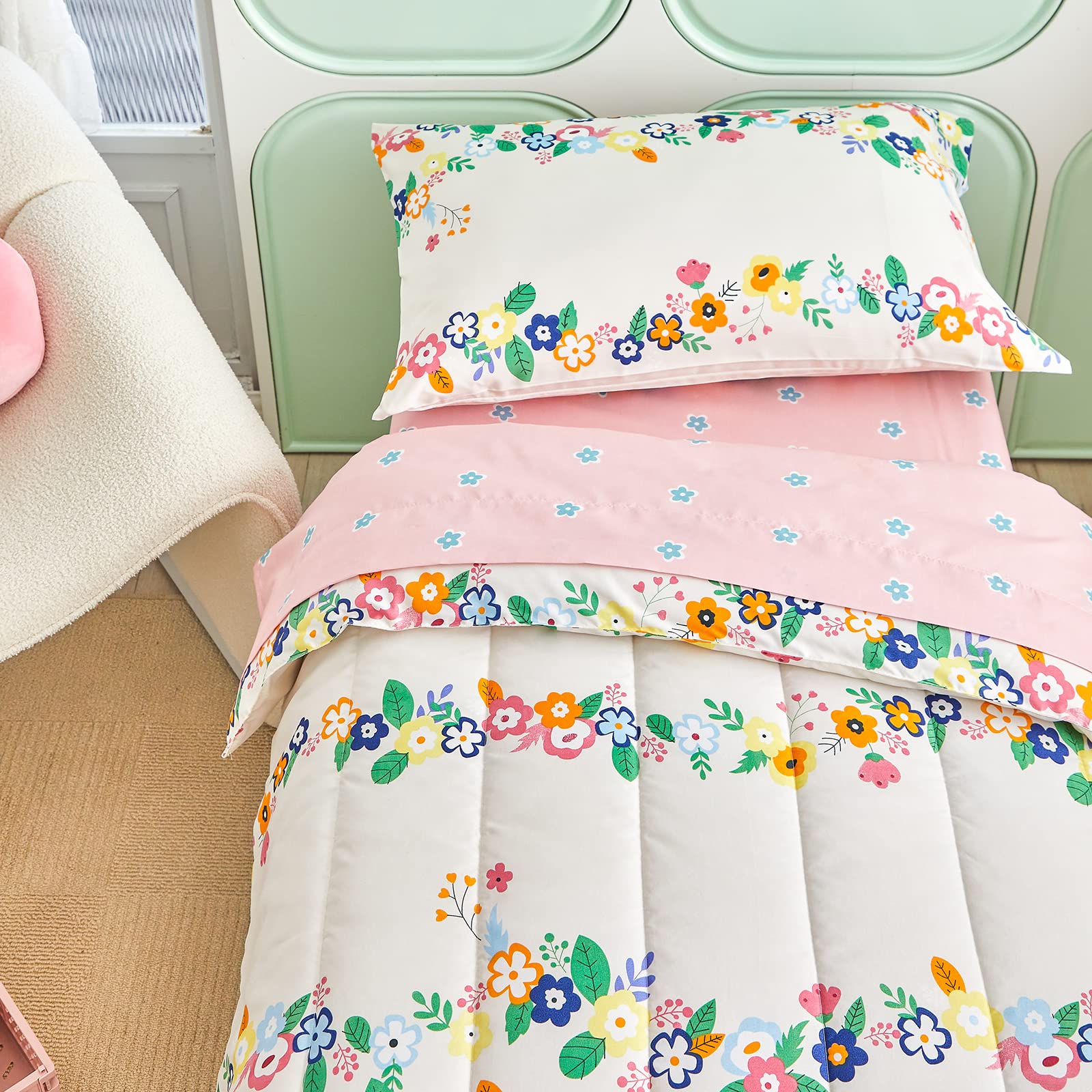 Joyreap 4 Piece Toddler Bedding Set, Floral Strips Design, Ultra Soft Microfiber Toddler Comforter for Kids Boys Girls, Includes Quilted Comforter, Fitted Sheet, Top Sheet, and Pillow Case