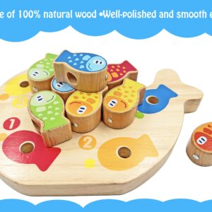 Dailyfunn Montessori Toy 4-in-1 Magnetic Fishing Game Stacking Blocks Lacing Beads Toys for Toddlers-Kids