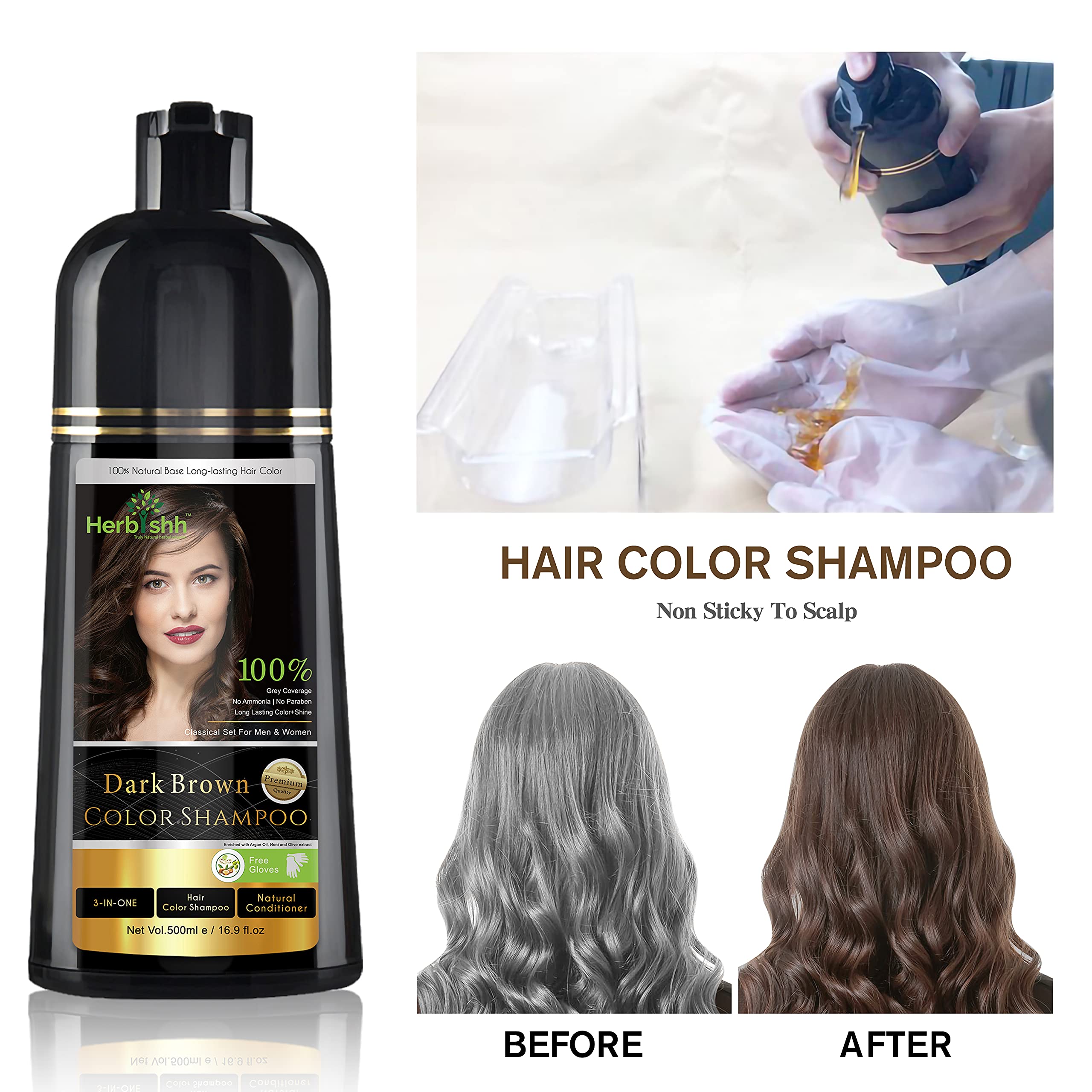 Herbishh Hair Dye Color Shampoo, 500ml Dark Brown, Argan Oil for Hair 30ml - Strengthening Combo for Frizz Control & Damage Repair