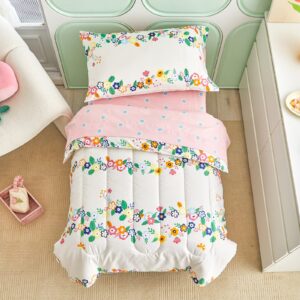 Joyreap 4 Piece Toddler Bedding Set, Floral Strips Design, Ultra Soft Microfiber Toddler Comforter for Kids Boys Girls, Includes Quilted Comforter, Fitted Sheet, Top Sheet, and Pillow Case