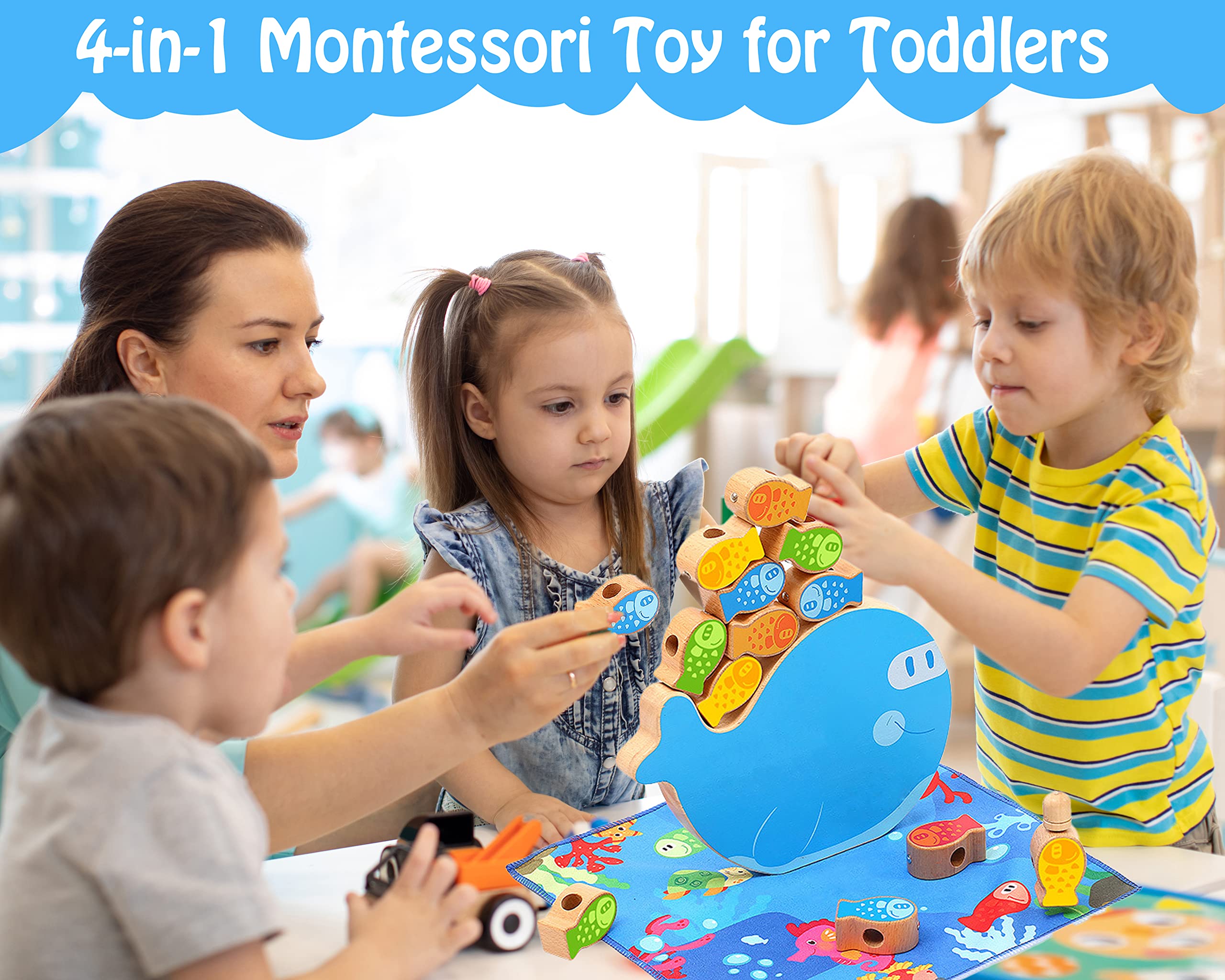 Dailyfunn Montessori Toy 4-in-1 Magnetic Fishing Game Stacking Blocks Lacing Beads Toys for Toddlers-Kids