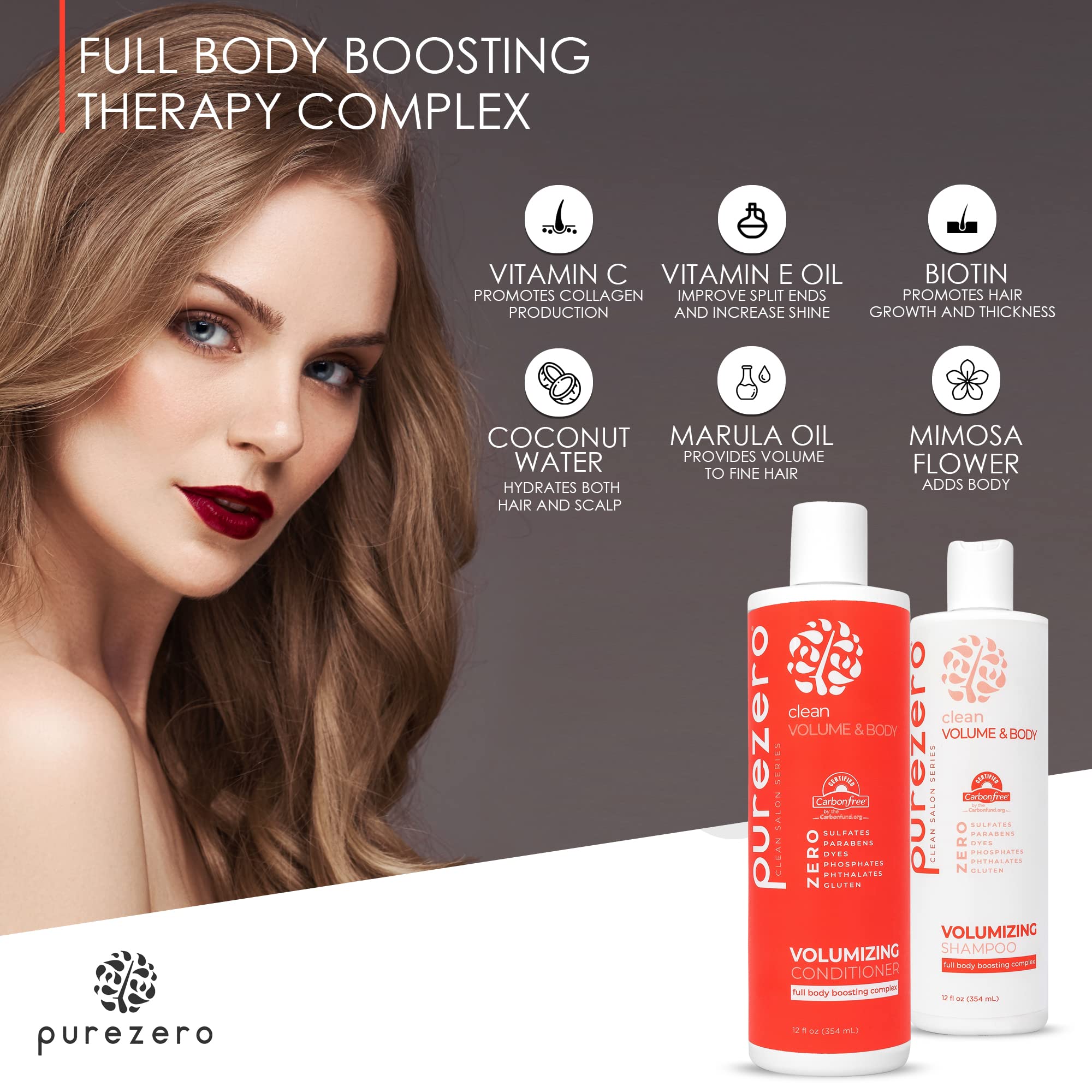 Purezero Volumizing Shampoo and Conditioner Set - Add Volume & Body - Zero Sulfates/Parabens/Dyes -100% Vegan & Cruelty-Free - Great for Color Treated Hair