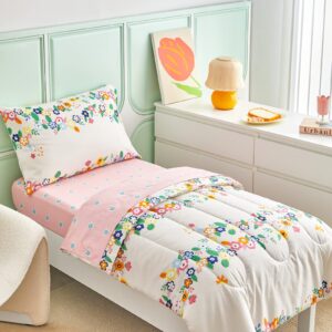 Joyreap 4 Piece Toddler Bedding Set, Floral Strips Design, Ultra Soft Microfiber Toddler Comforter for Kids Boys Girls, Includes Quilted Comforter, Fitted Sheet, Top Sheet, and Pillow Case