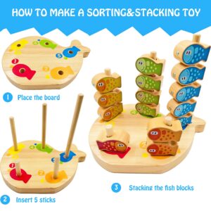 Dailyfunn Montessori Toy 4-in-1 Magnetic Fishing Game Stacking Blocks Lacing Beads Toys for Toddlers-Kids