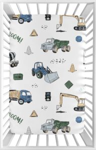 sweet jojo designs construction truck boy fitted mini crib sheet baby nursery for portable crib or pack and play - grey yellow black blue and green transportation