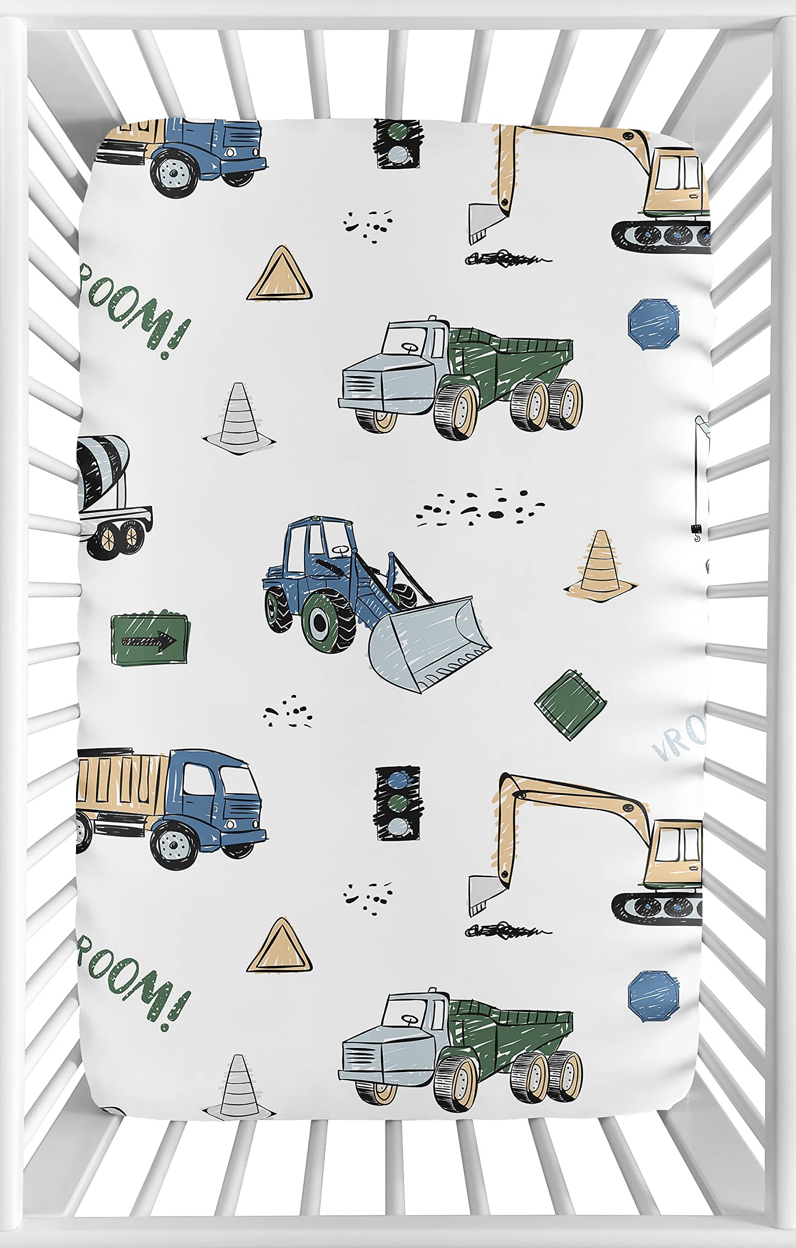 Sweet Jojo Designs Construction Truck Boy Fitted Mini Crib Sheet Baby Nursery for Portable Crib or Pack and Play - Grey Yellow Black Blue and Green Transportation