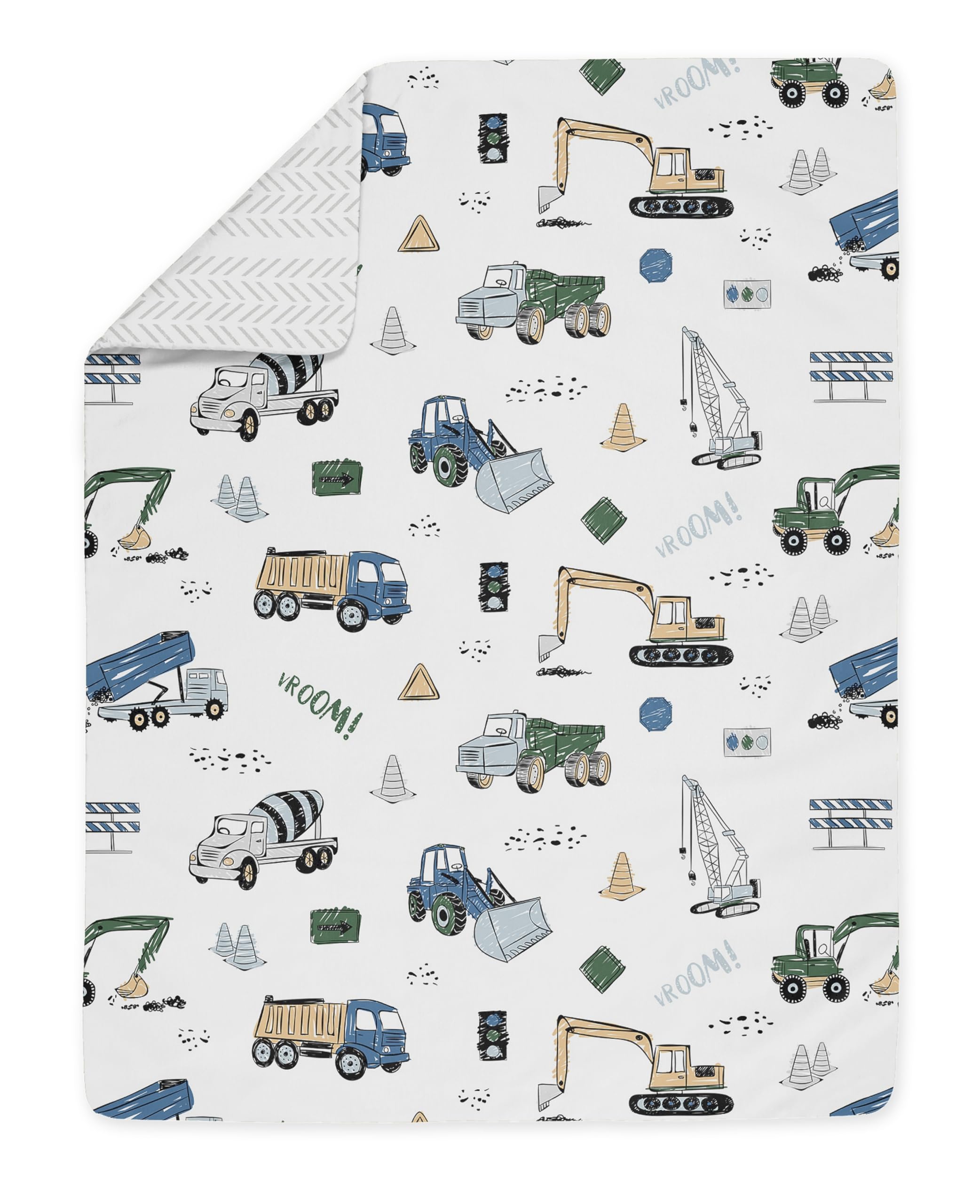 Sweet Jojo Designs Construction Truck Boy Toddler Kid Bedding Set - Childrens 5 Pieces Comforter, Sham and Sheets - Grey Yellow Black Blue and Green Transportation Chevron Arrow