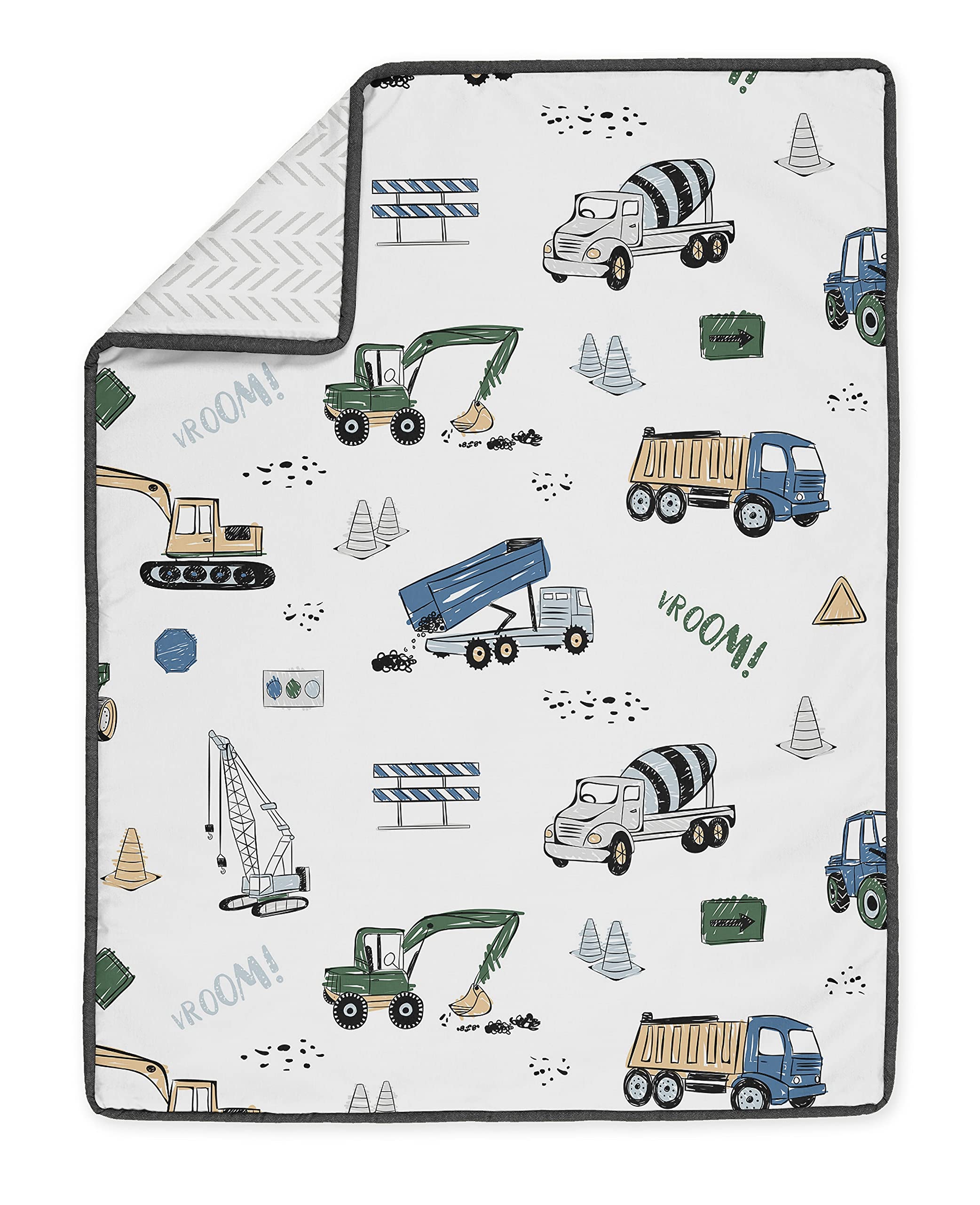 Sweet Jojo Designs Construction Truck Baby Boy Nursery Crib Bedding Set - 4 pieces - Grey Yellow Black Blue and Green Transportation Chevron Arrow