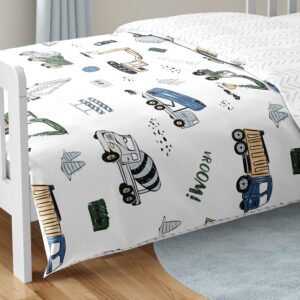 Sweet Jojo Designs Construction Truck Boy Toddler Kid Bedding Set - Childrens 5 Pieces Comforter, Sham and Sheets - Grey Yellow Black Blue and Green Transportation Chevron Arrow