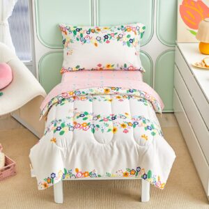 joyreap 4 piece toddler bedding set, floral strips design, ultra soft microfiber toddler comforter for kids boys girls, includes quilted comforter, fitted sheet, top sheet, and pillow case