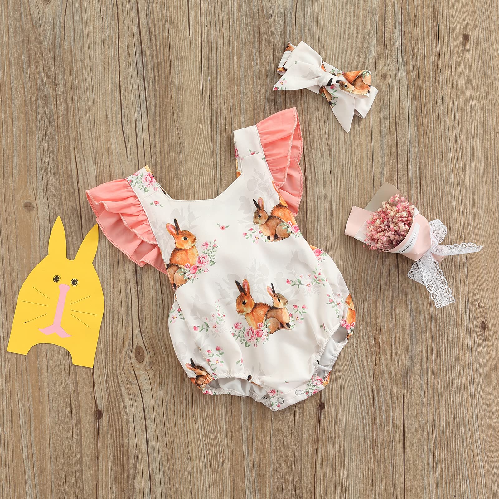 RSRZRCJ Infant Baby Girl Easter Clothes Cute Rabbit Strappy Suspender Overall Ruffle Romper Jumpsuit Bodysuit One Piece (Two Rabbits with Flowers, 0-6 Months)