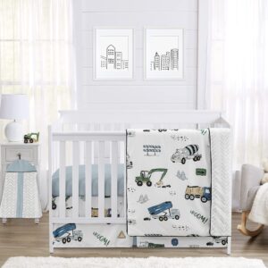 sweet jojo designs construction truck baby boy nursery crib bedding set - 4 pieces - grey yellow black blue and green transportation chevron arrow