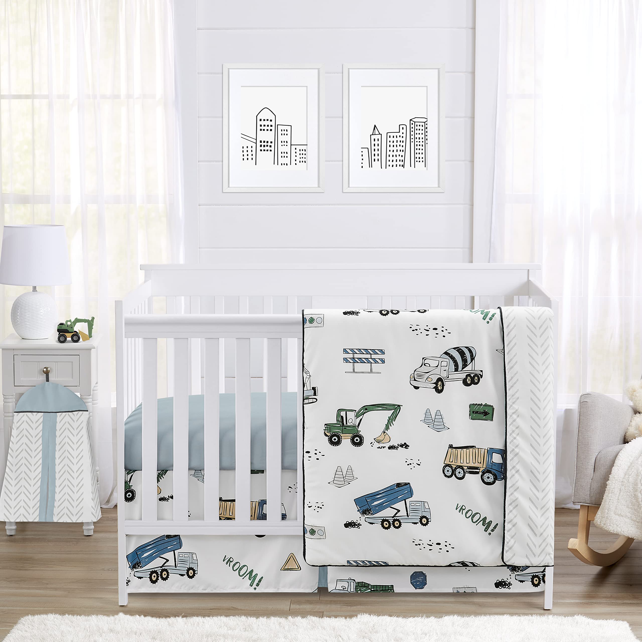 Sweet Jojo Designs Construction Truck Baby Boy Nursery Crib Bedding Set - 4 pieces - Grey Yellow Black Blue and Green Transportation Chevron Arrow