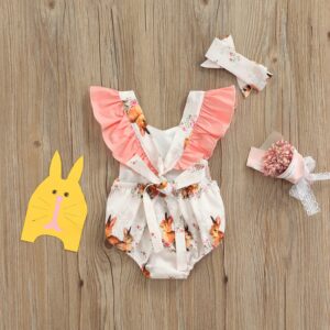 RSRZRCJ Infant Baby Girl Easter Clothes Cute Rabbit Strappy Suspender Overall Ruffle Romper Jumpsuit Bodysuit One Piece (Two Rabbits with Flowers, 0-6 Months)