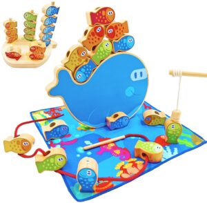 dailyfunn montessori toy 4-in-1 magnetic fishing game stacking blocks lacing beads toys for toddlers-kids