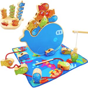 Dailyfunn Montessori Toy 4-in-1 Magnetic Fishing Game Stacking Blocks Lacing Beads Toys for Toddlers-Kids