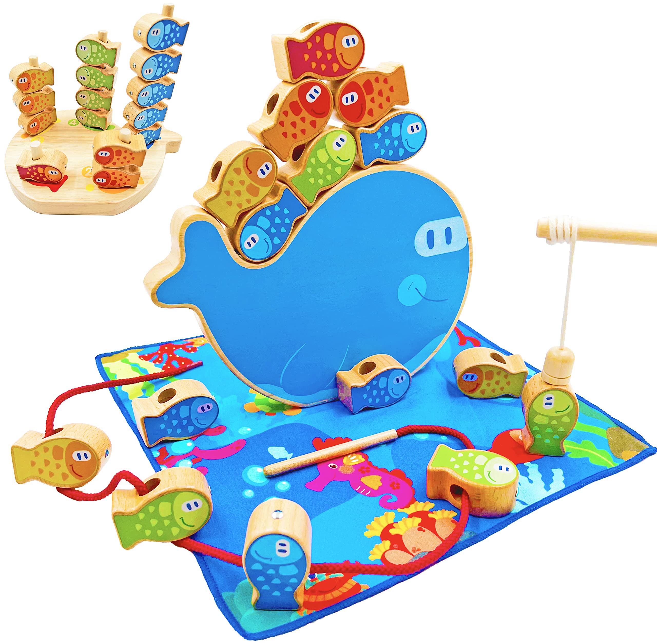 Dailyfunn Montessori Toy 4-in-1 Magnetic Fishing Game Stacking Blocks Lacing Beads Toys for Toddlers-Kids