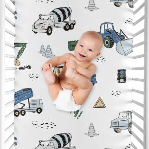 Sweet Jojo Designs Construction Truck Boy Fitted Mini Crib Sheet Baby Nursery for Portable Crib or Pack and Play - Grey Yellow Black Blue and Green Transportation