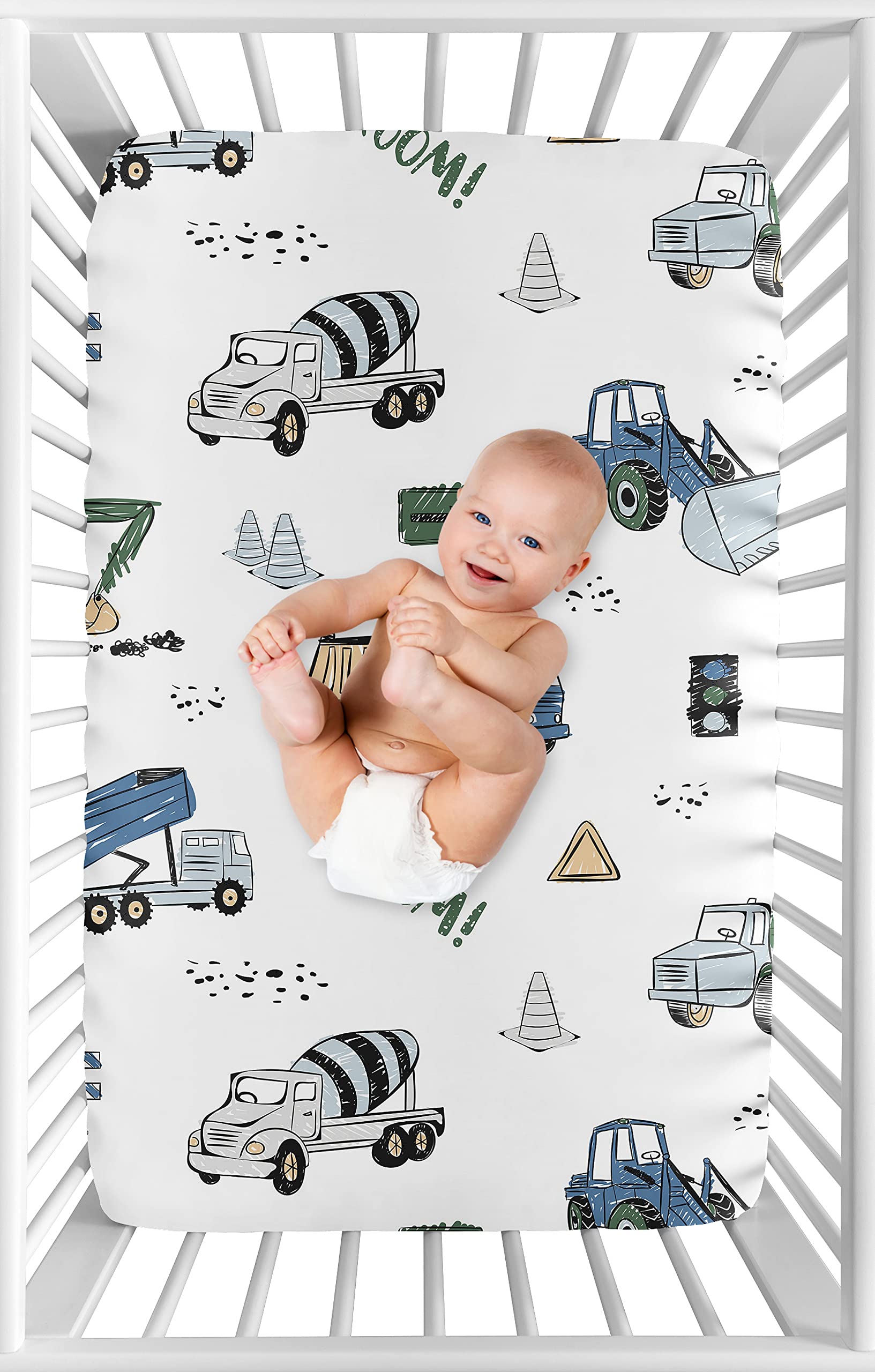 Sweet Jojo Designs Construction Truck Boy Fitted Mini Crib Sheet Baby Nursery for Portable Crib or Pack and Play - Grey Yellow Black Blue and Green Transportation