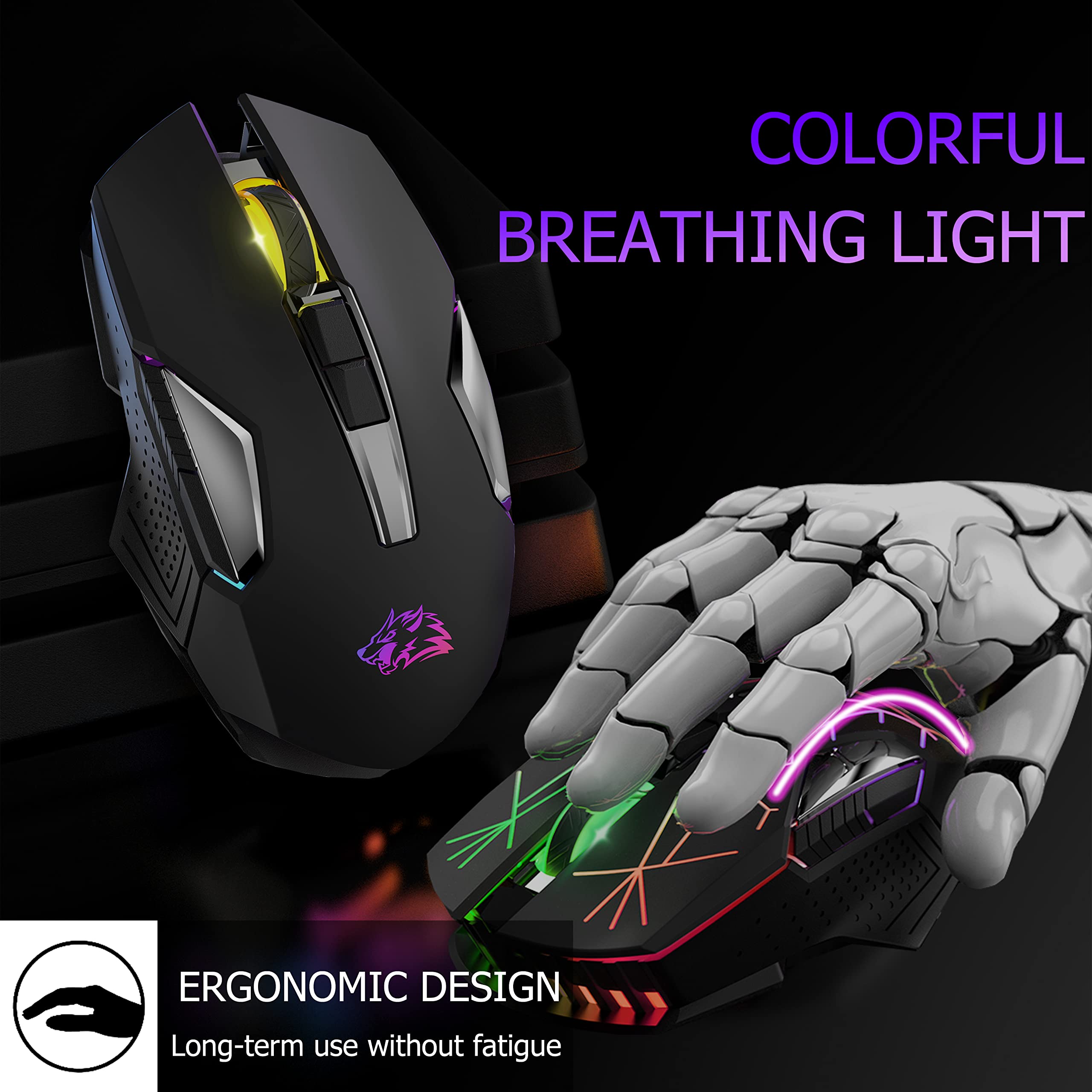 Wireless Gaming Mouse, RGB Wireless Mouse with Silent Ergonomics Button, USB C Rechargeable 7 Colors Cool LED Light Up Computer Mice, 3 Level Dpi for PC Gamer/Game Mauser/Laptop/Chromebook/Mac - Black